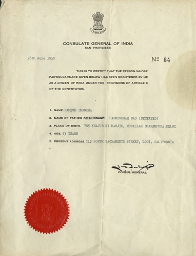 Certification of Indian Citizenship for Ramesh Chandra | SAADA